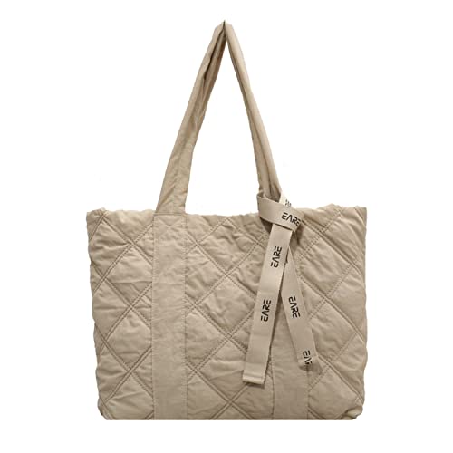 Women Puffer Bag Quilted Puffy Tote Bag Lightweight Cotton Padded Shoulder Bag Trendy Hobo Hippie Down Handbag (Beige)