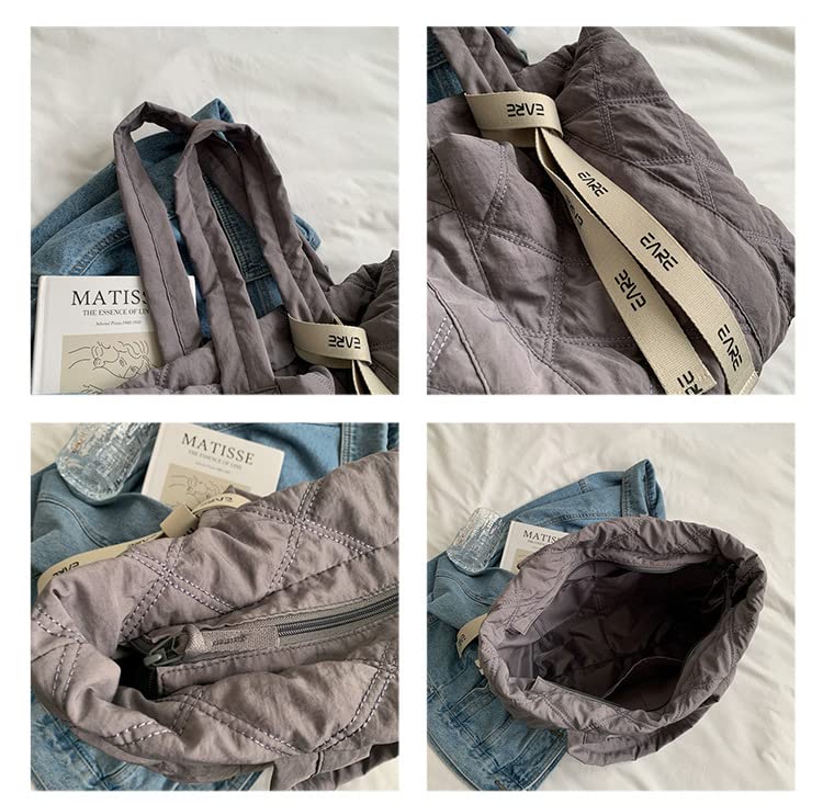 Women Puffer Bag Quilted Puffy Tote Bag Lightweight Cotton Padded Shoulder Bag Trendy Hobo Hippie Down Handbag (Beige)