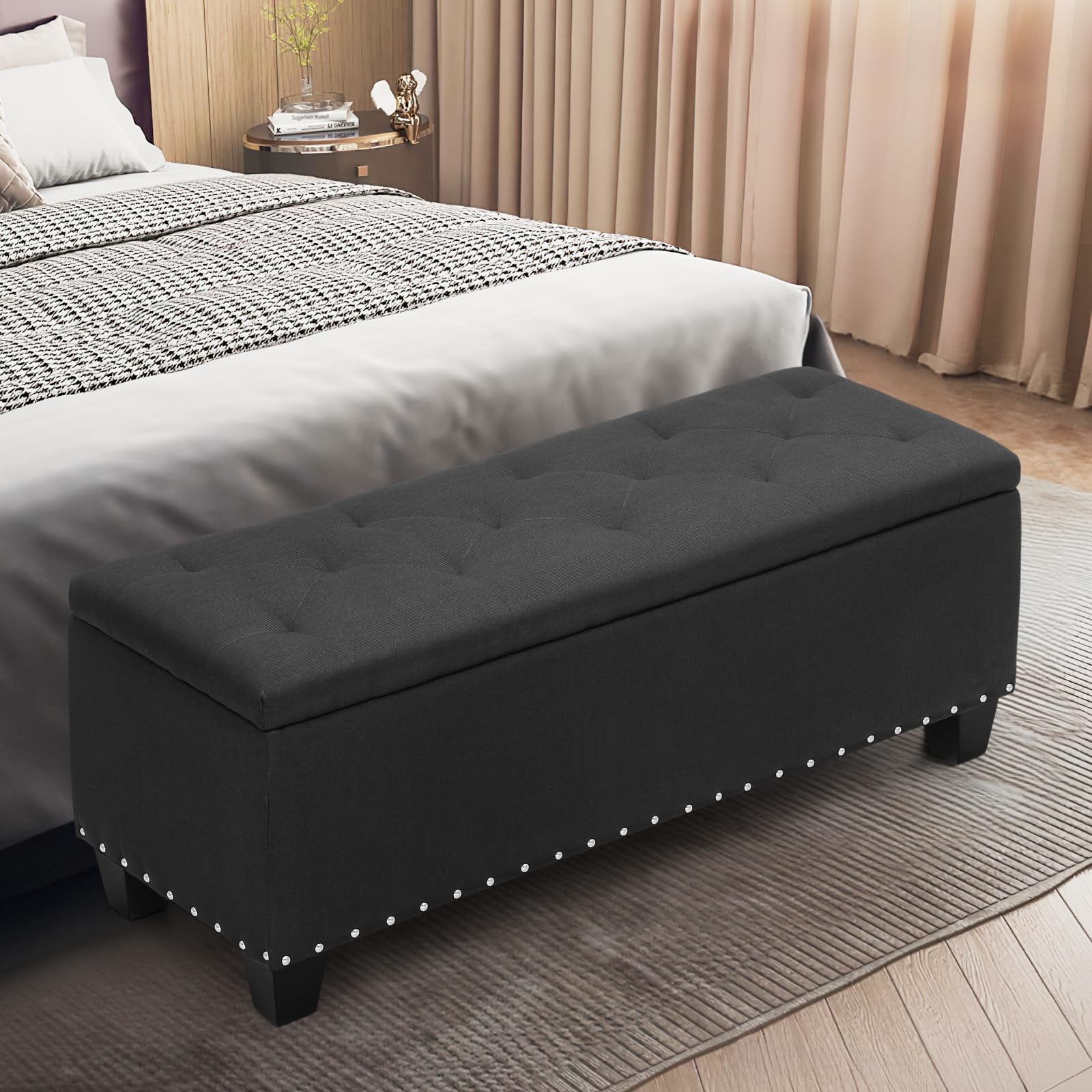 Magshion 42 Inch Storage Ottoman Bench, Large Tufted Rectangular Ottoman Bench with Hinged Lid, Entryway Storage Bench for Living Room, Bedroom, Hallway – Supports up to 800 lbs, Linen Black
