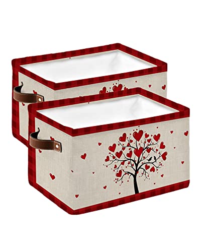 Valentines Love Heart Tree Storage Bins 2 Pack, Large Waterproof Storage Baskets for Shelves Closet, Red Black Checkered Vintage Storage Basket Foldable Storage Box Cube Storage Organizer with Handles