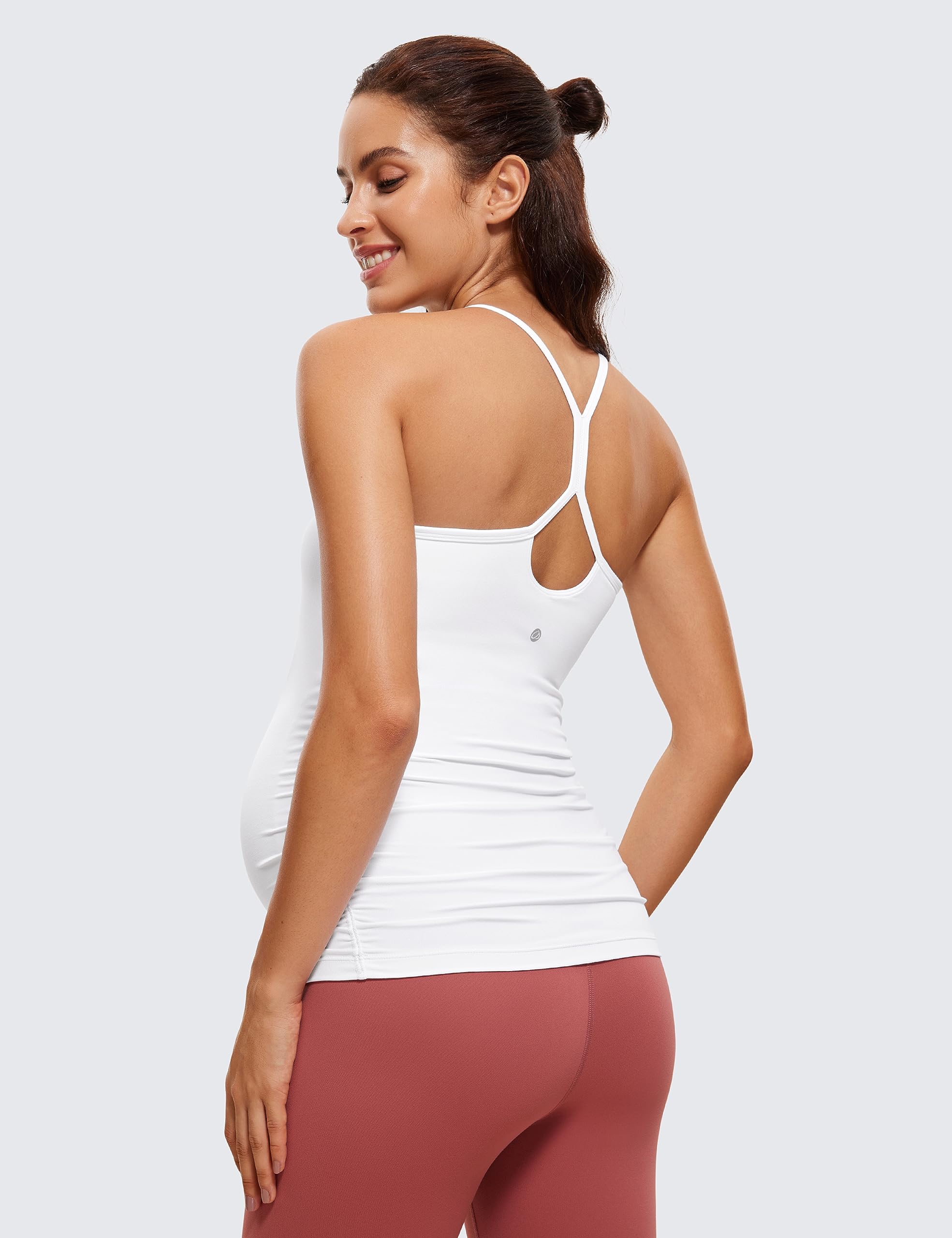 CRZ YOGA Butterluxe Y Back Maternity Tank Tops for Women Ruched Pregnancy Basic Camisole Sleeveless Athletic Yoga Shirts White Large