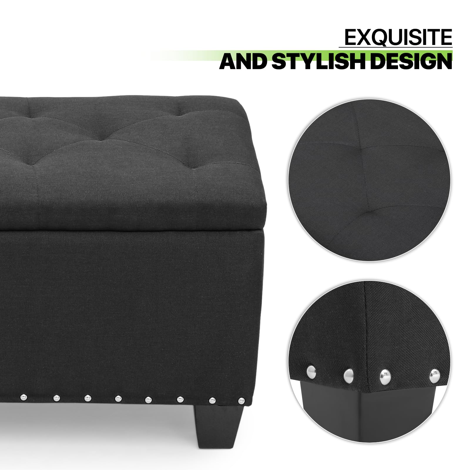 Magshion 42 Inch Storage Ottoman Bench, Large Tufted Rectangular Ottoman Bench with Hinged Lid, Entryway Storage Bench for Living Room, Bedroom, Hallway – Supports up to 800 lbs, Linen Black