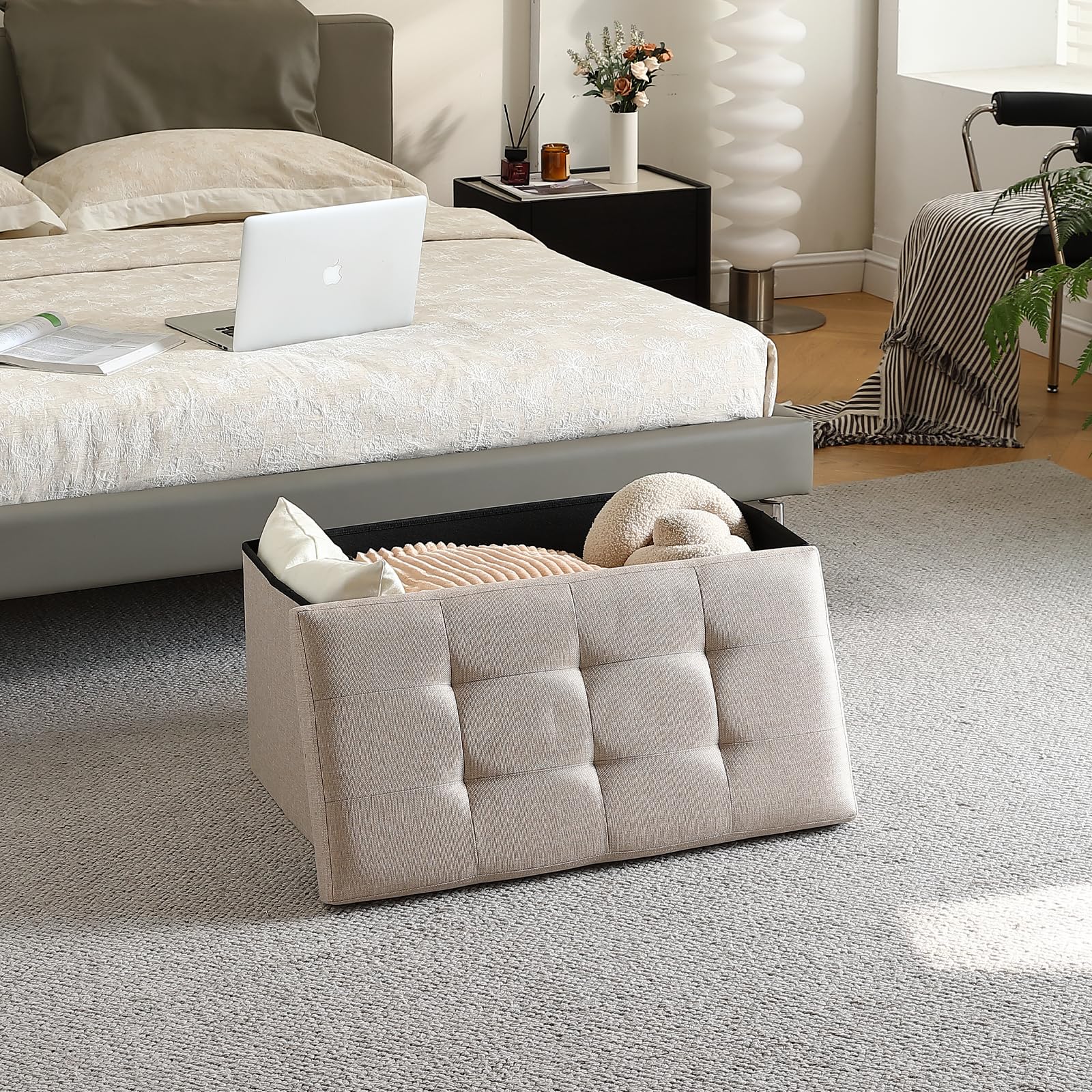 Hamgtrion Ottoman Storage Ottoman Folding Ottomans Footrest Storage Ottoman Small Footstool Rectangle Bench Cube for Room Living Room Bedroom Beige L30W15H15inches, FJ-30BEIGE