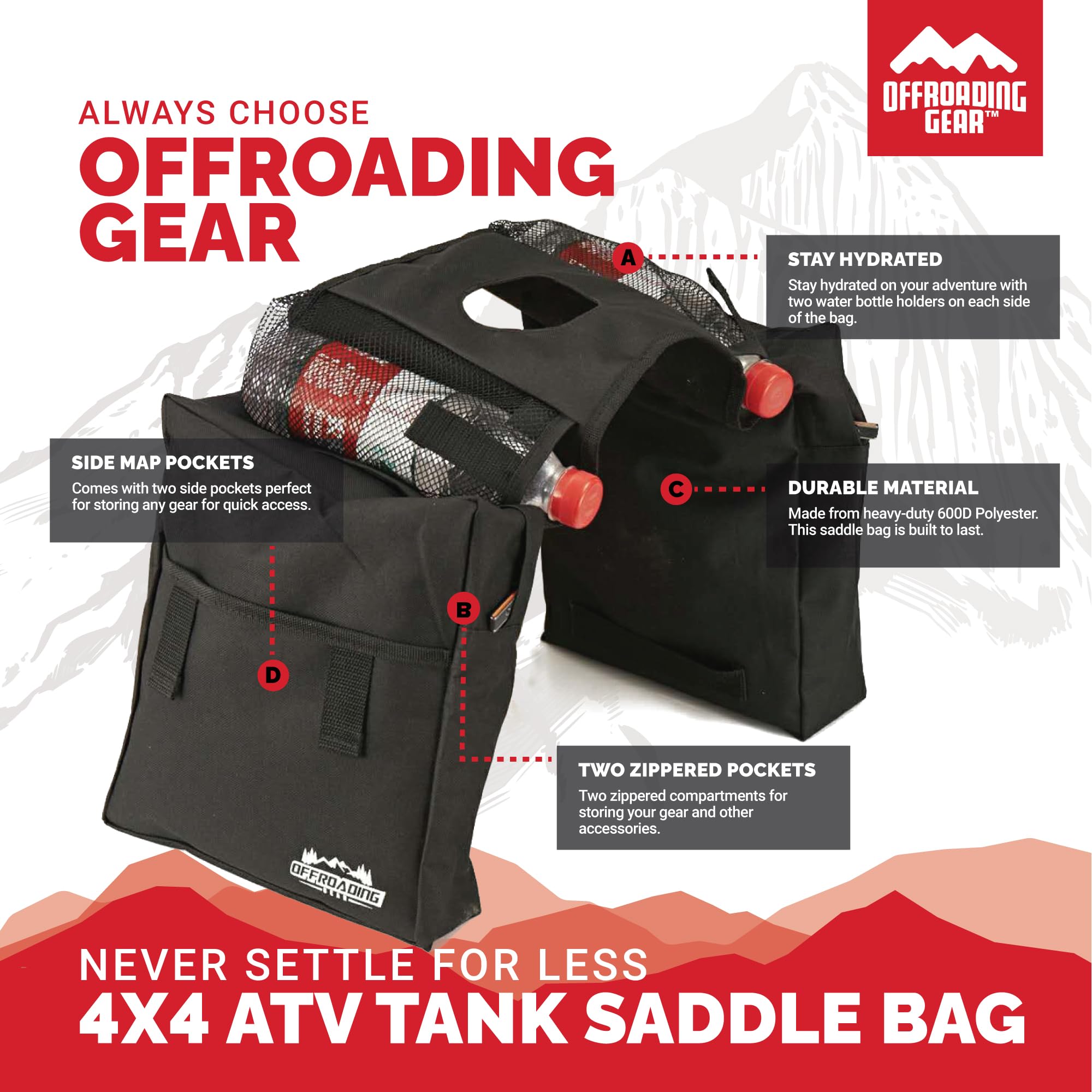 Offroading Gear 4x4 Waterproof Rear and Front Tank-Top Saddle Bag| With Two Compartments| Great for ATV| UTV| Snow Mobile| Quad Bike| Motorcycle| Etc. | Black