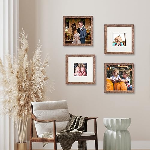 AVEAX 8x8 Picture Frames Display Pictures 4x4 with Mat or 8x8 Without Mat, Set of 4 Square Photo Frame for Wall or Tabletop Brown