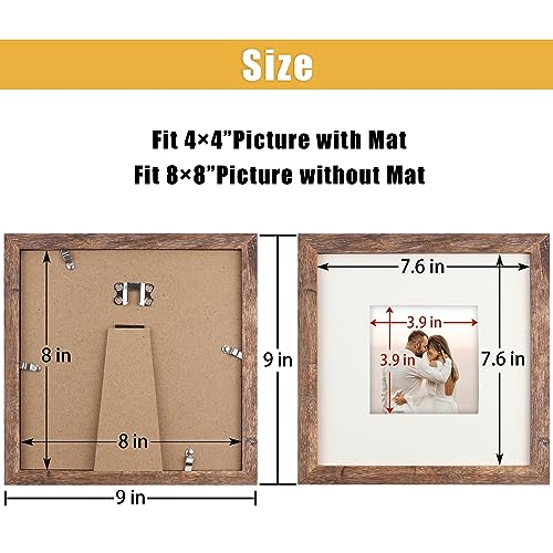 AVEAX 8x8 Picture Frames Display Pictures 4x4 with Mat or 8x8 Without Mat, Set of 4 Square Photo Frame for Wall or Tabletop Brown