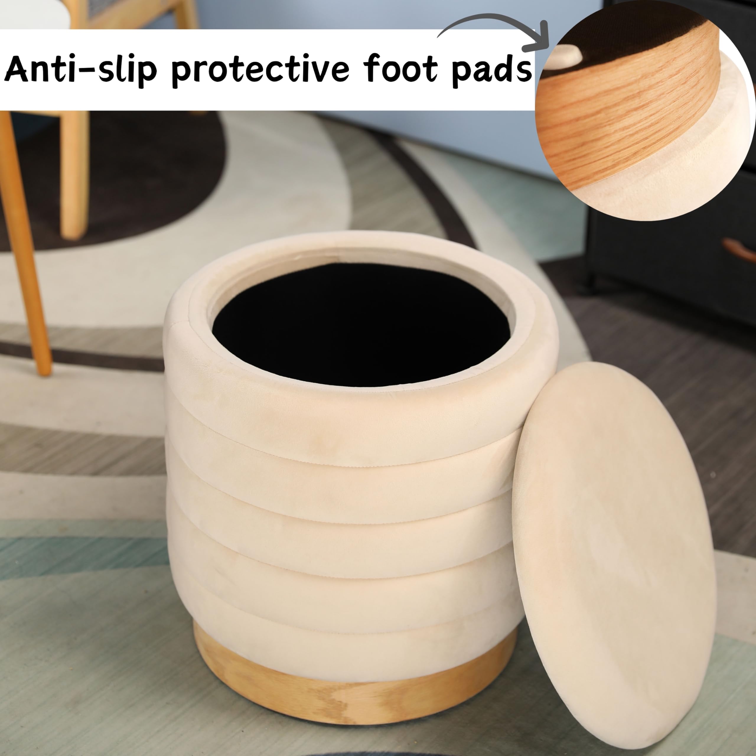 NEWIMAGE Round Ottoman Storage Box Dutch Velvet Pouffe Footstool 15.5'' Padded Stool Seat with Wooden Base, Footrest Vanity Stool with Lids for Bedroom Living Room Balcony Snack(Cream Horizontal Line)