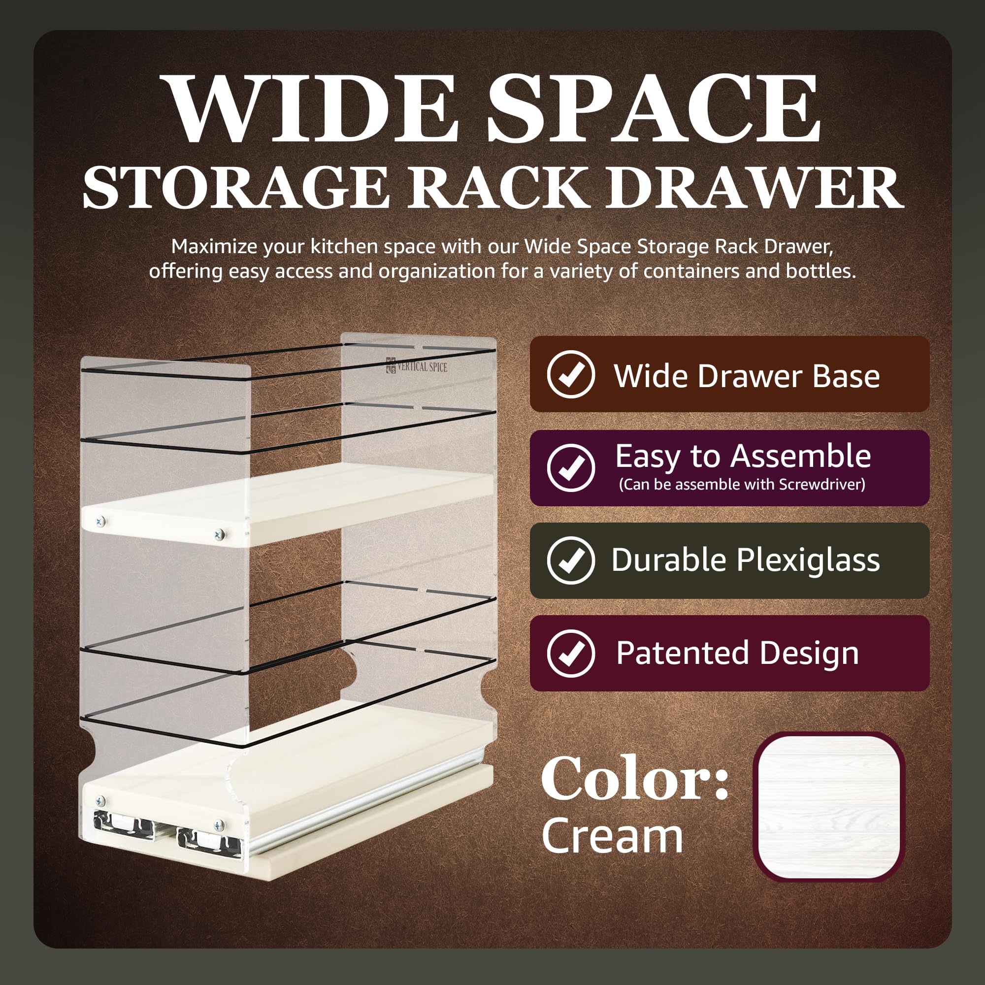 Vertical Spice - 4x2x11 DC - Storage Organizer Drawer with 2 Tiers - Heavy Duty - Size: 4.6" Width x 10.75" Height x 10.6" Depth - MADE IN USA