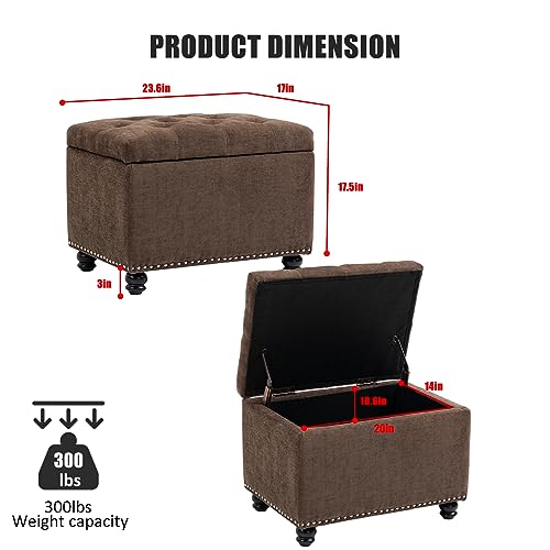 J.C.UP Upholstered Tufted Storage Ottoman, Storage Ottoman Footstool with Safety Hinge Button-Tufted Seat, Storage Bench for Bedroom Living Room Storage Toy Box(Brown-Fabric)