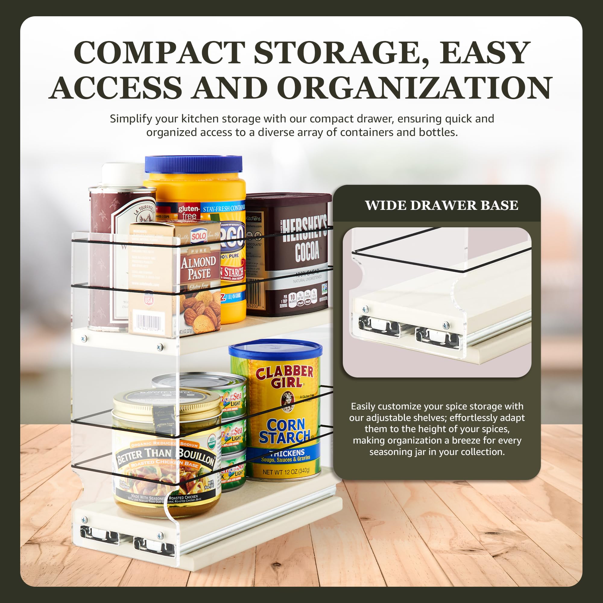 Vertical Spice - 4x2x11 DC - Storage Organizer Drawer with 2 Tiers - Heavy Duty - Size: 4.6" Width x 10.75" Height x 10.6" Depth - MADE IN USA