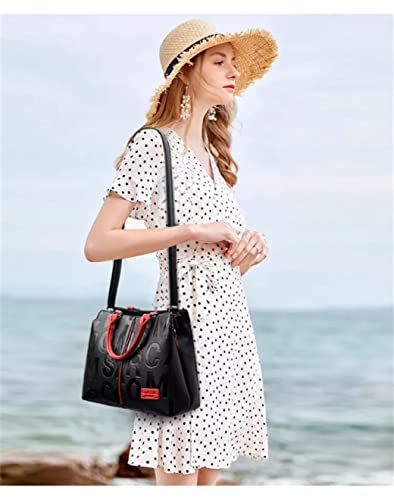 Fashion Leather Black with Red Handbags Medium for Women Luxury Shoulder Bag Tote Top-Handle Satchel Purses for Ladies