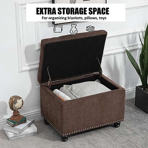 J.C.UP Upholstered Tufted Storage Ottoman, Storage Ottoman Footstool with Safety Hinge Button-Tufted Seat, Storage Bench for Bedroom Living Room Storage Toy Box(Brown-Fabric)
