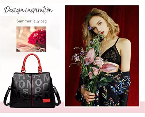Fashion Leather Black with Red Handbags Medium for Women Luxury Shoulder Bag Tote Top-Handle Satchel Purses for Ladies