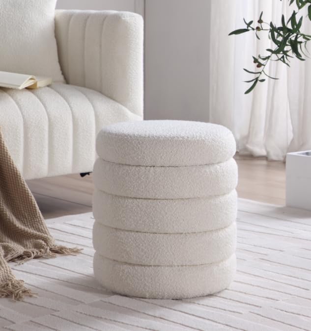 Modern Round Ottoman with Soft Padded Seat, Storage Vanity Chairs for Makeup, Upholstered Footrest Stool Ottoman Foot Stool for Living Room, Bedroom