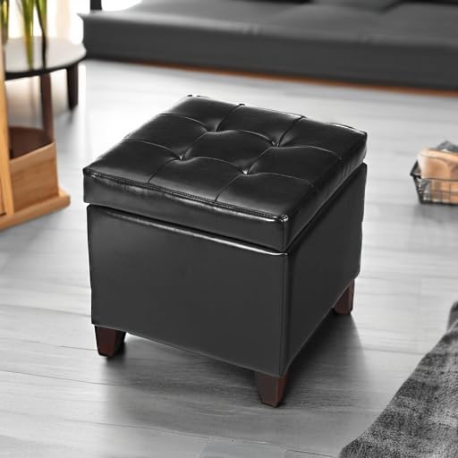 Adeco Bonded Leather Square Tufted Cubic Cube Footstool, 18" Height Storage Ottomans, With Lid, Black