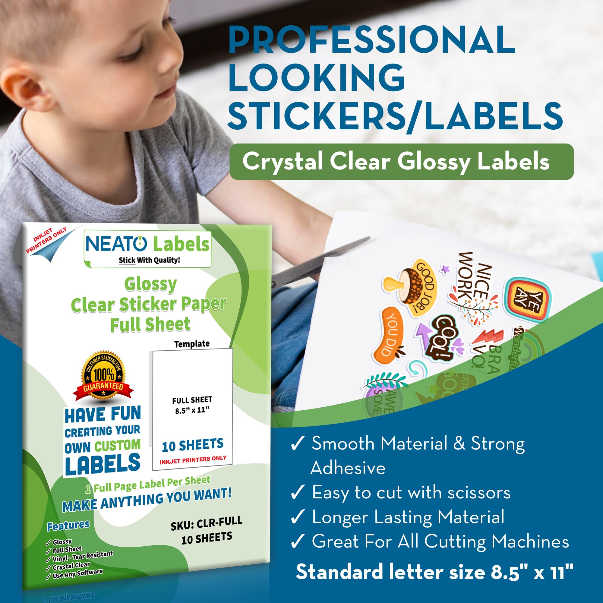 Clear Sticker Paper - Vinyl Full Sheet Label - Weatherproof - for Inkjet and Laser Printers - 10 Premium 8.5 x 11 Inch Clear Printable Sticker Paper - Tear Resistant- Includes Online Design Software's