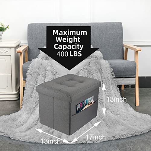 Hamgtrion Ottoman Storage Ottoman Foot Rest Footstool with Side Pocket Foldable Ottoman Folding Ottomans Footrest Rectangle Bench Cube for Room Living Room Bedroom Grey L17W13H13inches