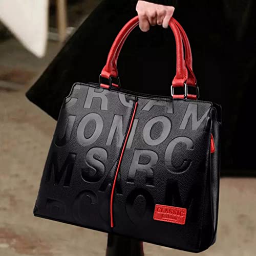 Fashion Leather Black with Red Handbags Medium for Women Luxury Shoulder Bag Tote Top-Handle Satchel Purses for Ladies