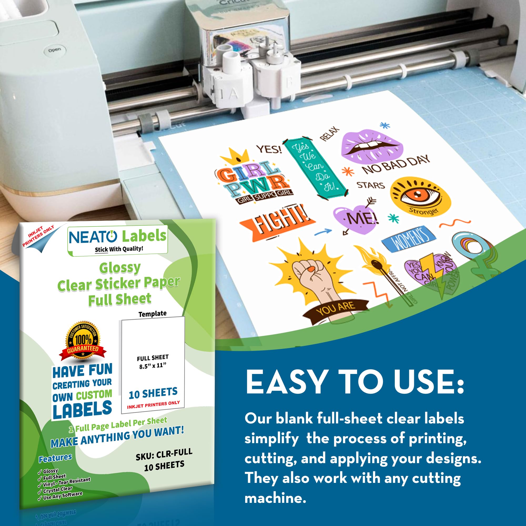 Clear Sticker Paper - Vinyl Full Sheet Label - Weatherproof - for Inkjet and Laser Printers - 10 Premium 8.5 x 11 Inch Clear Printable Sticker Paper - Tear Resistant- Includes Online Design Software's
