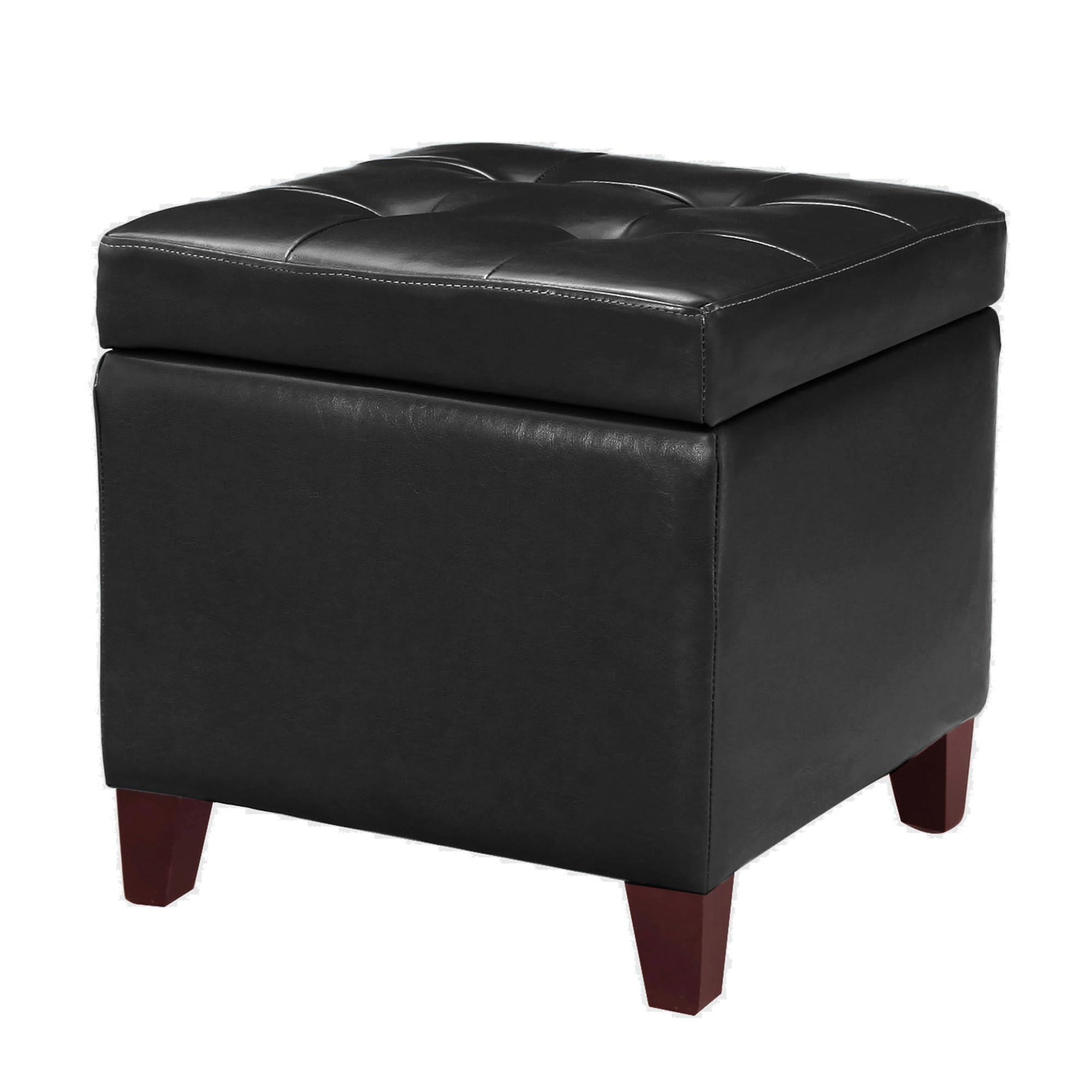 Adeco Bonded Leather Square Tufted Cubic Cube Footstool, 18" Height Storage Ottomans, With Lid, Black