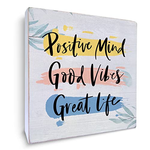 Rustic Positive Mind Good Vibes Great Life Wooden Box Sign Table Decor Plaque Inspirational Quote Wood Box Sign Art Home Office Shelf Desk Decoration 5 x 5 Inches