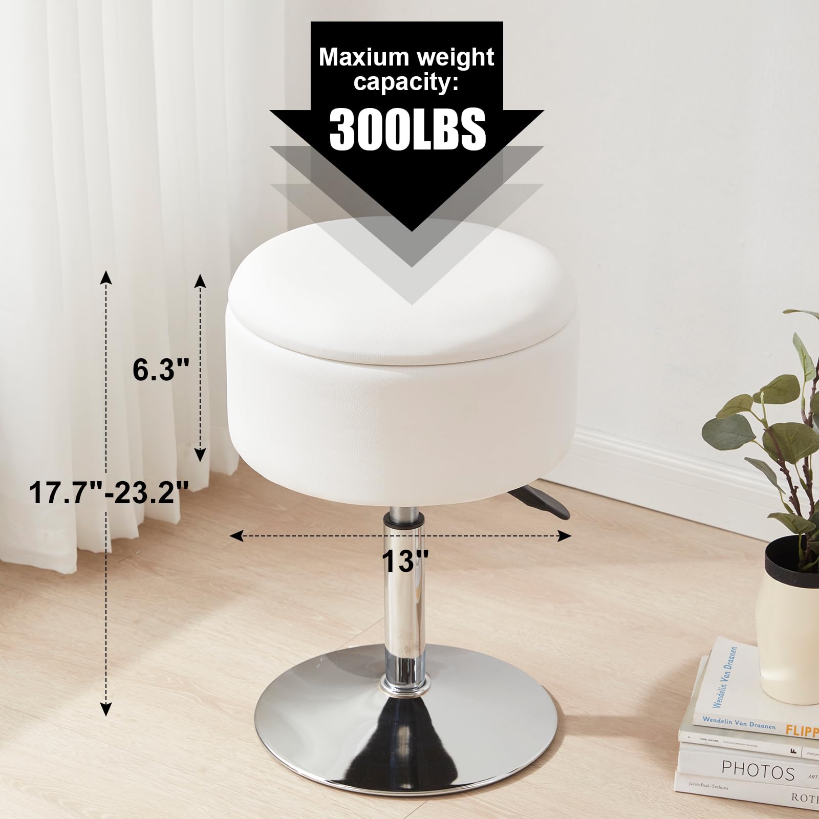 RUCUKEN Adjustable Ottoman Stool White Vanity Stool Vanity Chair for Makeup Room Stool Chair for Vanity Stool with Storage Makeup Stools with Storage Swivel Makeup Chair for Bathroom Faux Leather