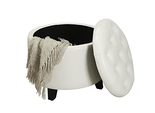 Convenience Concepts Designs4Comfort Round Storage Ottoman 19.75" - Versatile Contemporary Foot Stool for Living Room, Office, Ivory Faux Leather