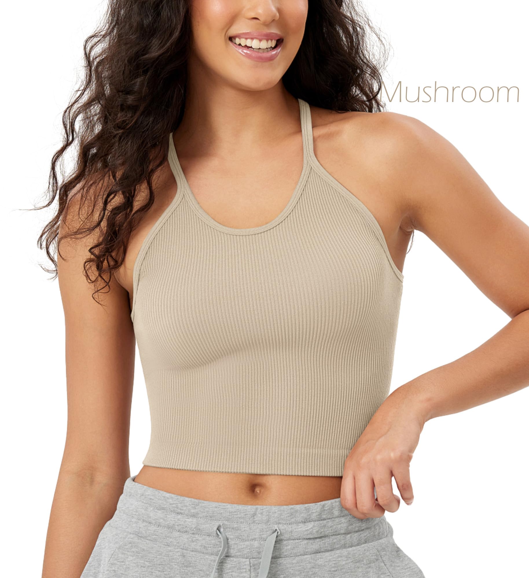 ODODOS Women's Crop 3-Pack Washed Super Soft Lightweight Rib-Knit Camisole Crop Tank Tops, Mushroom Taupe Charcoal, Medium/Large