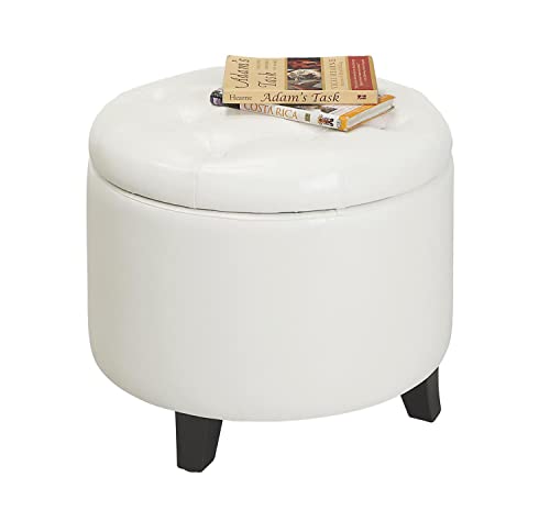 Convenience Concepts Designs4Comfort Round Storage Ottoman 19.75" - Versatile Contemporary Foot Stool for Living Room, Office, Ivory Faux Leather