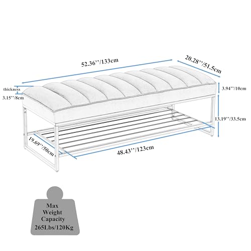 Homaddition Entryway Bench with Shoe Storage, 52" Thickened Cushion Sherpa Upholstered Channel Tufted Ottoman Bench with Shoe Rack, End of Bed Bench for Bedroom (White Sherpa with Shoe Rack)