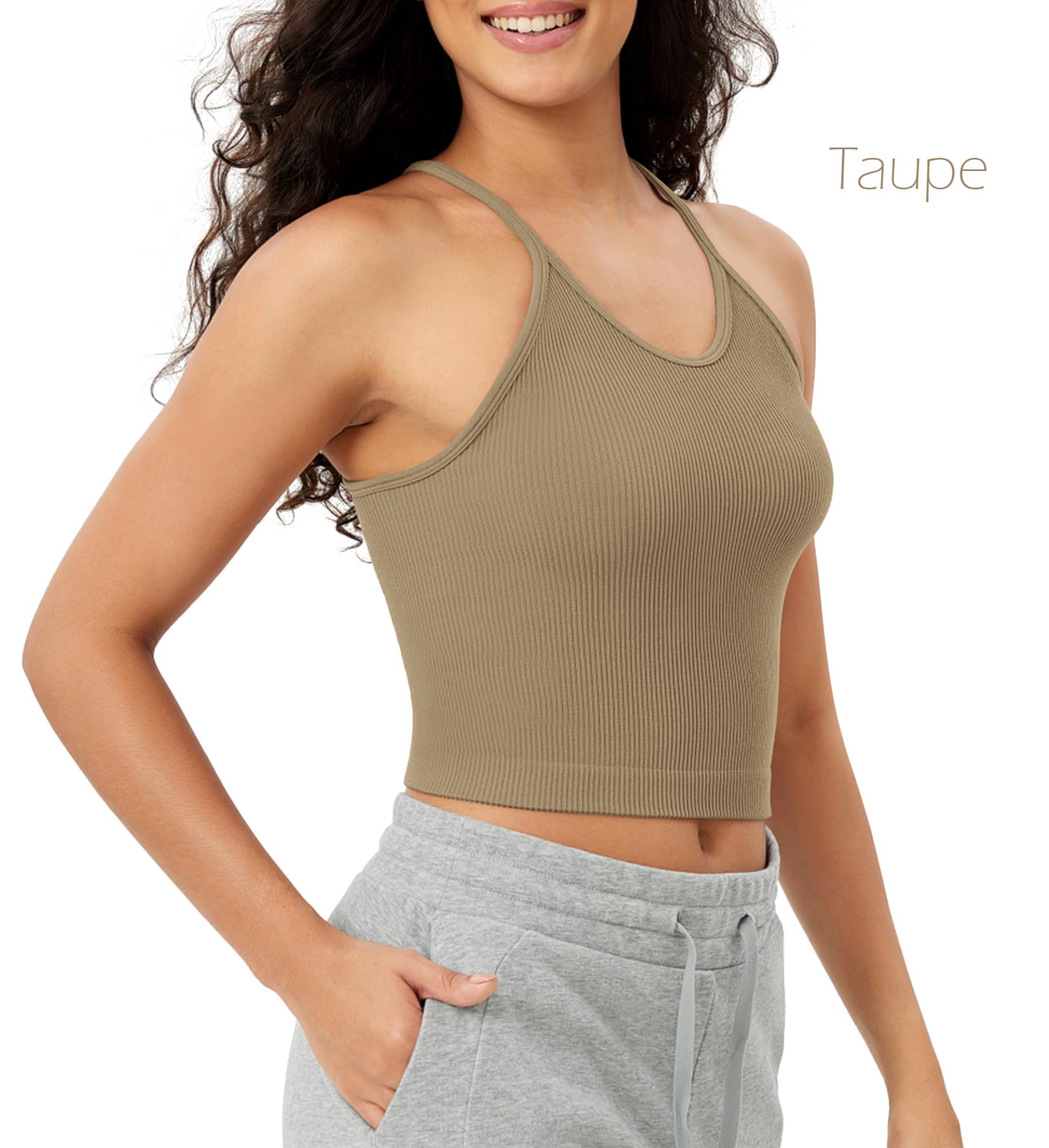 ODODOS Women's Crop 3-Pack Washed Super Soft Lightweight Rib-Knit Camisole Crop Tank Tops, Mushroom Taupe Charcoal, Medium/Large