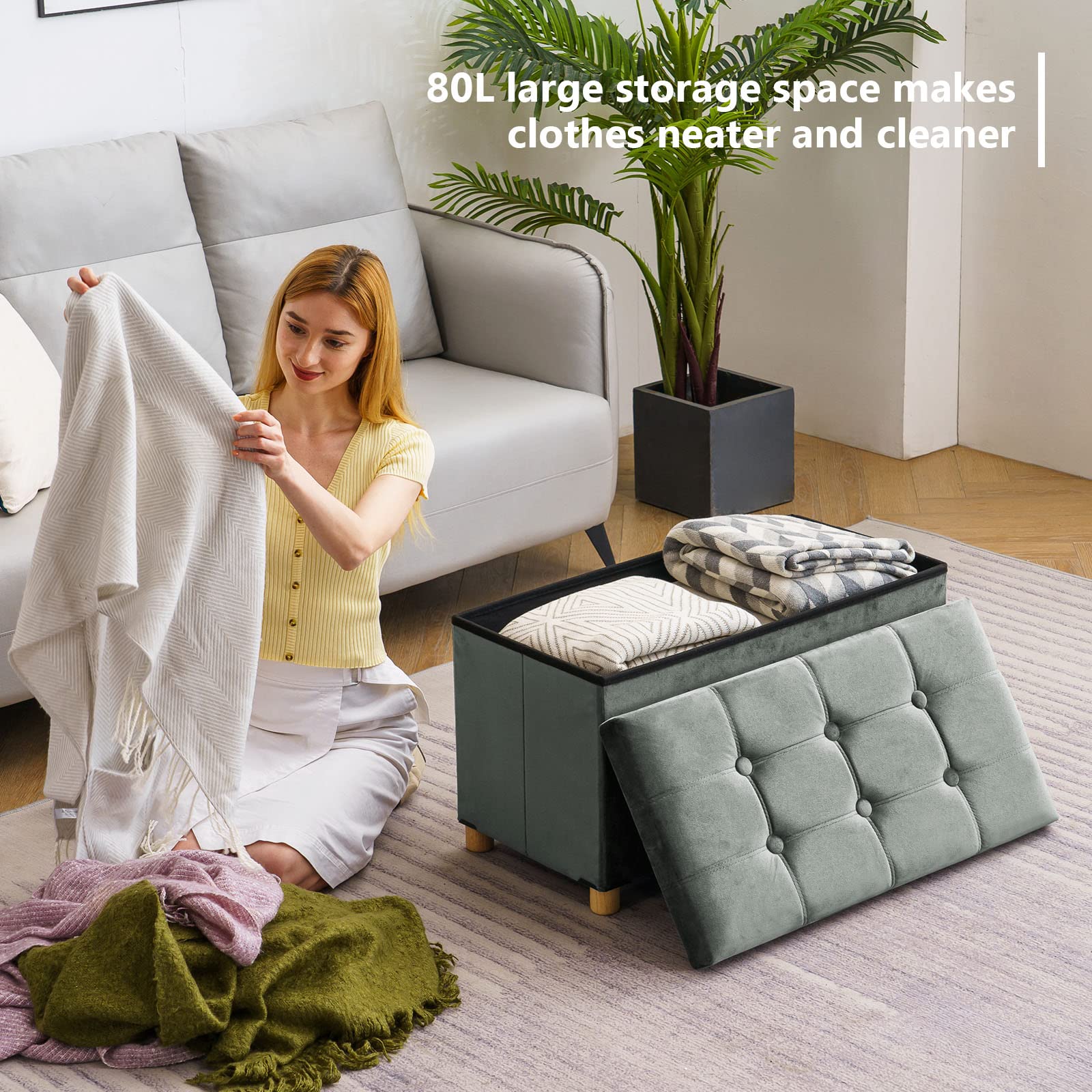 YOUDENOVA 30 Inches Folding Storage Ottoman Bench, Velvet Storage Chest, Footrest Couch with Wooden Legs, Support 350lbs for Bedroom, Living Room, Hallway, Grey