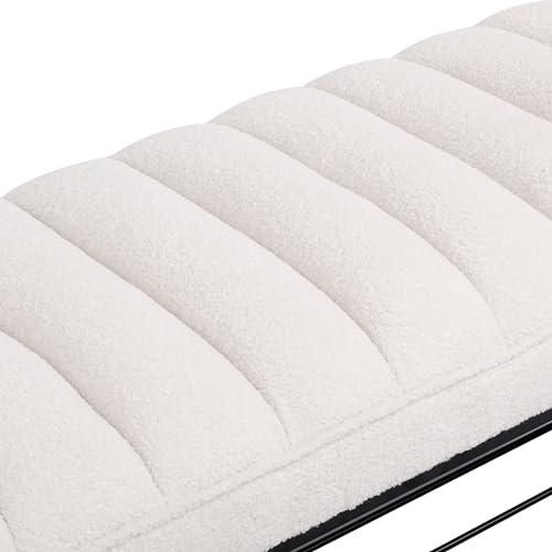 Homaddition Entryway Bench with Shoe Storage, 52" Thickened Cushion Sherpa Upholstered Channel Tufted Ottoman Bench with Shoe Rack, End of Bed Bench for Bedroom (White Sherpa with Shoe Rack)