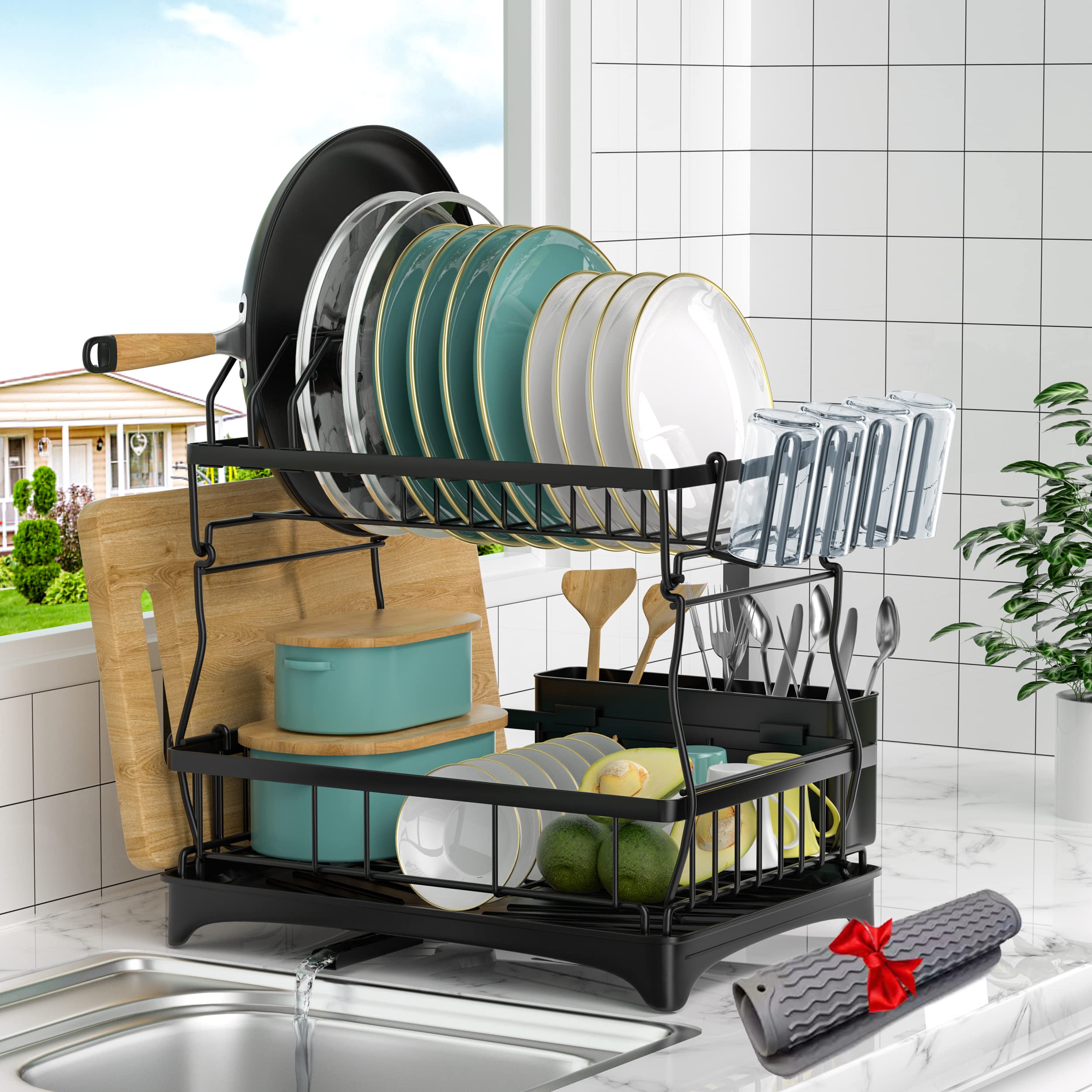 Vasysvi Dish Drying Rack with Drainboard for Kitchen Counter,2 Tier Dish Drainer Set with Utensils Holder,Large Capacity Stainless Steel Dish Racks Bonus with Drying Mat