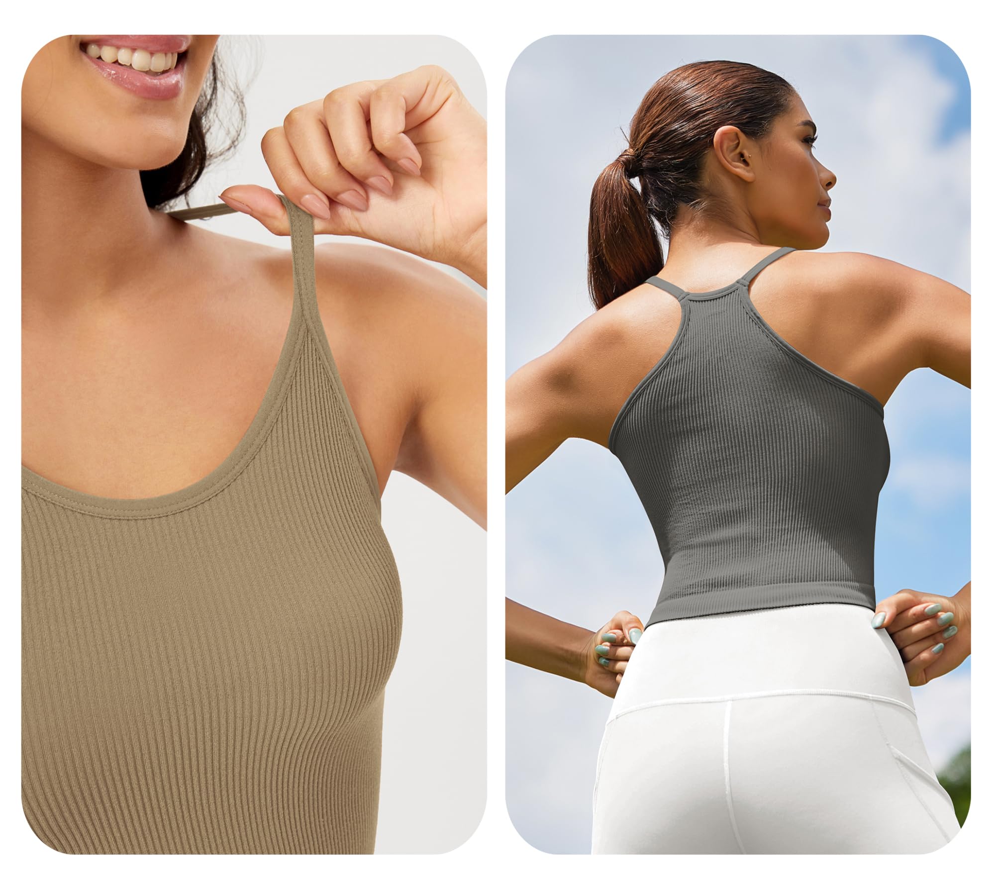 ODODOS Women's Crop 3-Pack Washed Super Soft Lightweight Rib-Knit Camisole Crop Tank Tops, Mushroom Taupe Charcoal, Medium/Large