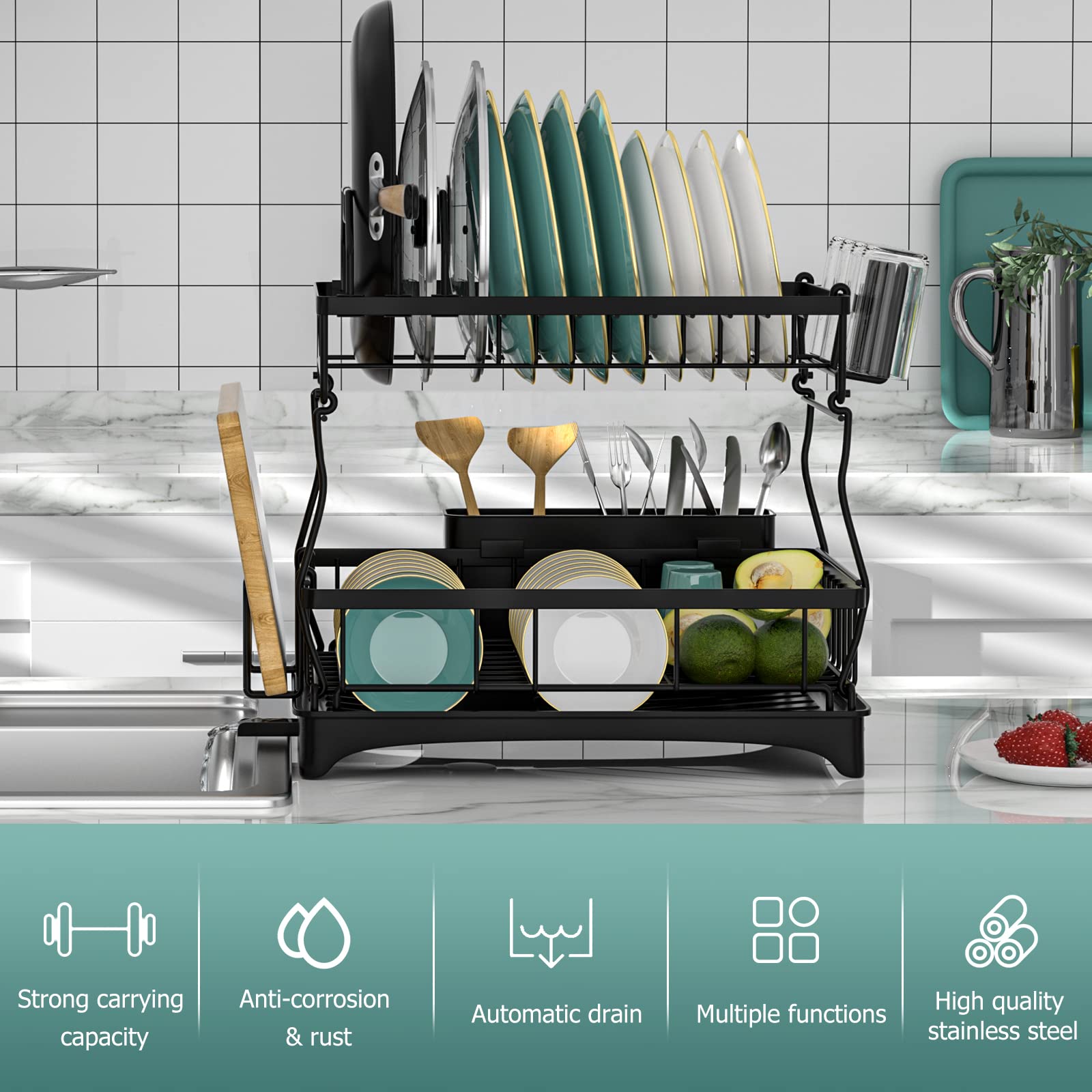 Vasysvi Dish Drying Rack with Drainboard for Kitchen Counter,2 Tier Dish Drainer Set with Utensils Holder,Large Capacity Stainless Steel Dish Racks Bonus with Drying Mat