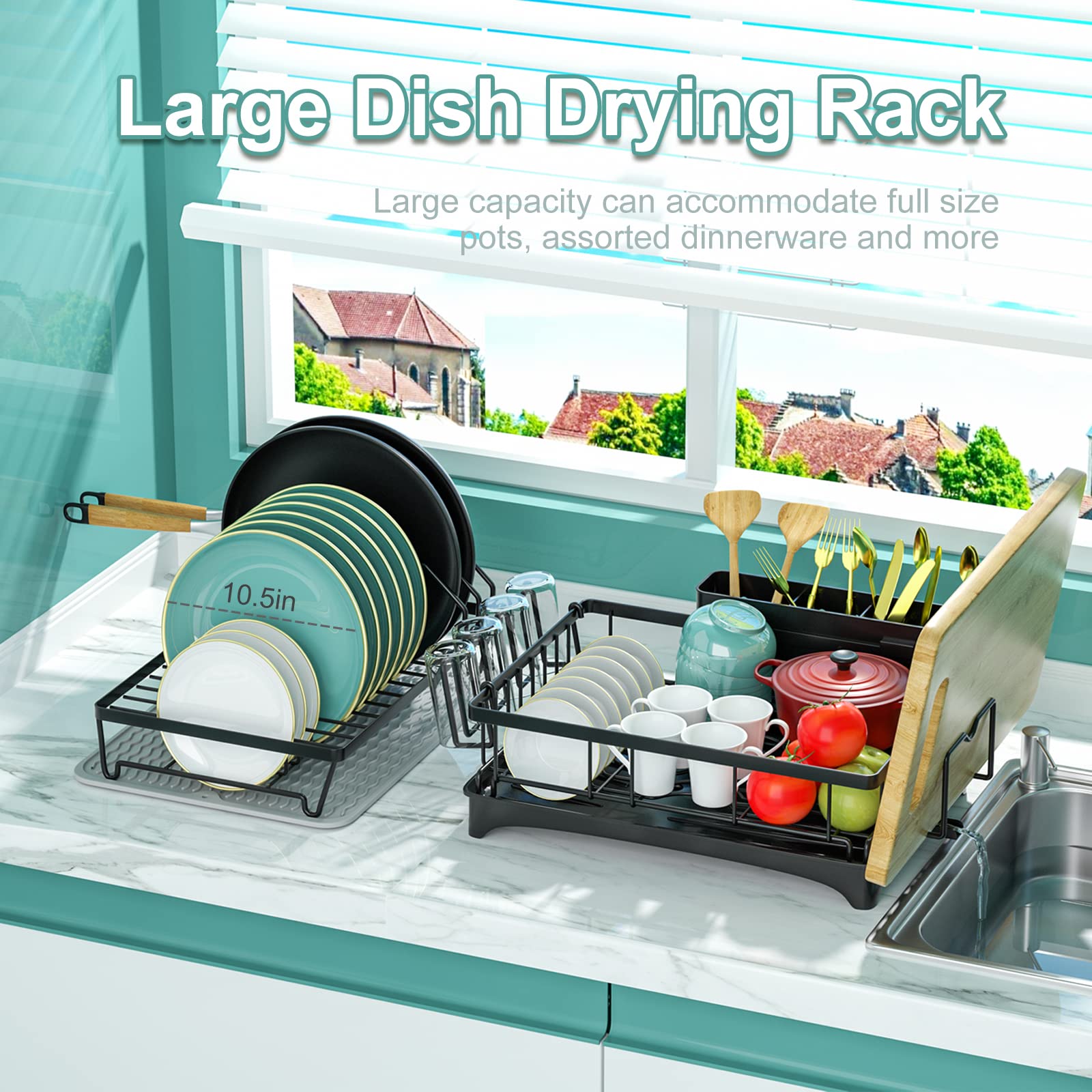 Vasysvi Dish Drying Rack with Drainboard for Kitchen Counter,2 Tier Dish Drainer Set with Utensils Holder,Large Capacity Stainless Steel Dish Racks Bonus with Drying Mat