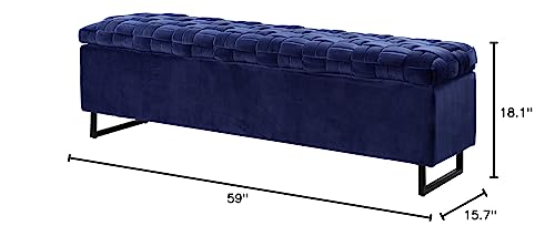 Inspired Home Velvet Storage Ottoman - Hand Woven Entryway Bench with Storage and Foot Rest, Navea, Navy