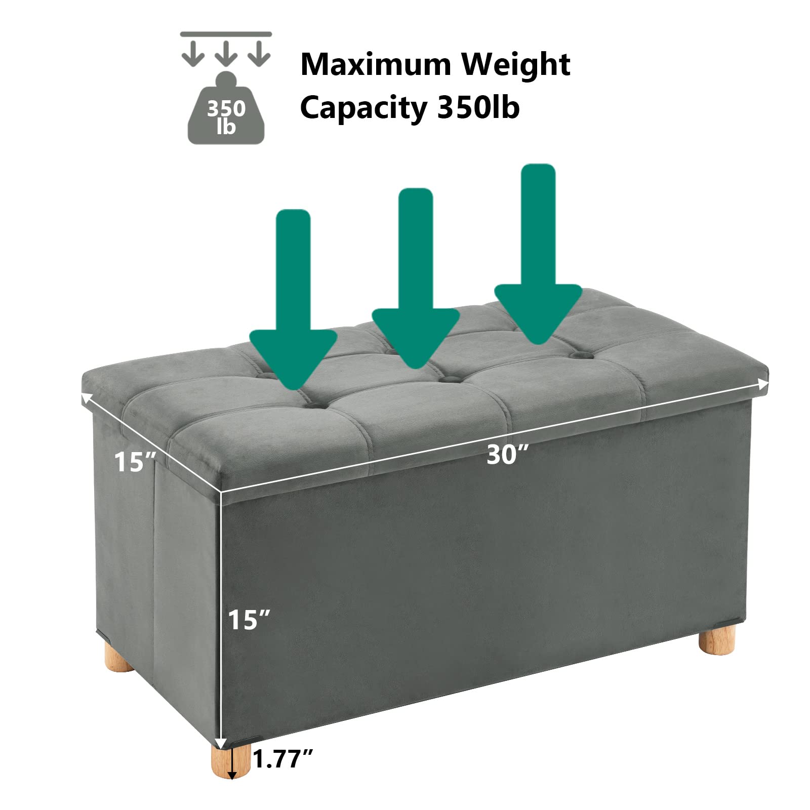 YOUDENOVA 30 Inches Folding Storage Ottoman Bench, Velvet Storage Chest, Footrest Couch with Wooden Legs, Support 350lbs for Bedroom, Living Room, Hallway, Grey