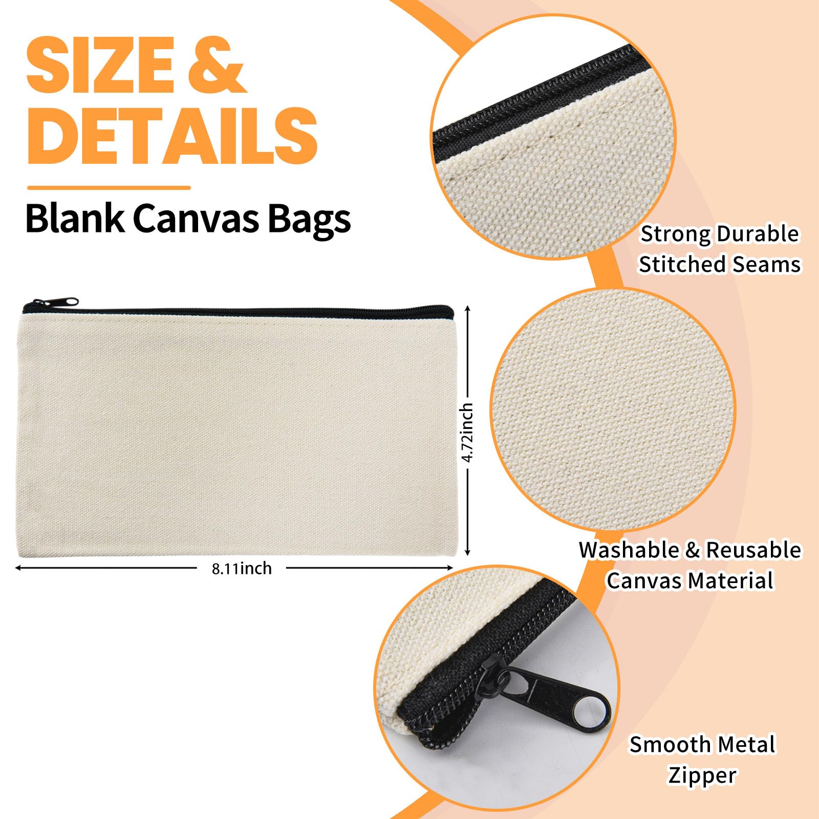 14Pieces 8 x 5 Inch Blank Craft DIY Canvas Pen Pencil Case- Cotton Canvas Invoice Bill Bag Makeup Bag Cosmetic Bag Multipurpose Travel Toiletry Pouch with Black Zipperā¦