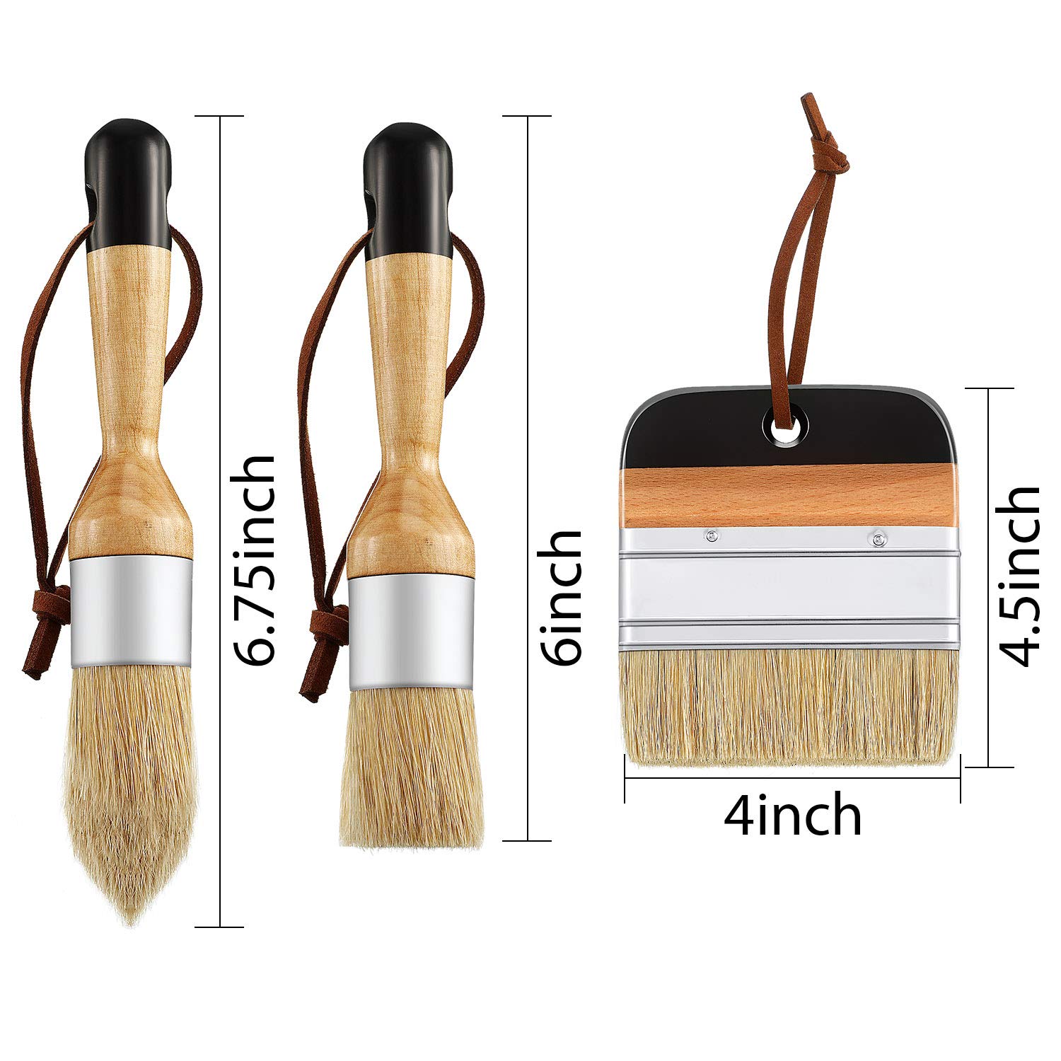 3 Pieces Chalk and Wax Paint Brushes Oval Brush for Acrylic Painting Bristle Stencil Brushes for Wood Furniture Home Decor, Including Flat Pointed and Round Chalked Paint Brushes (Black)