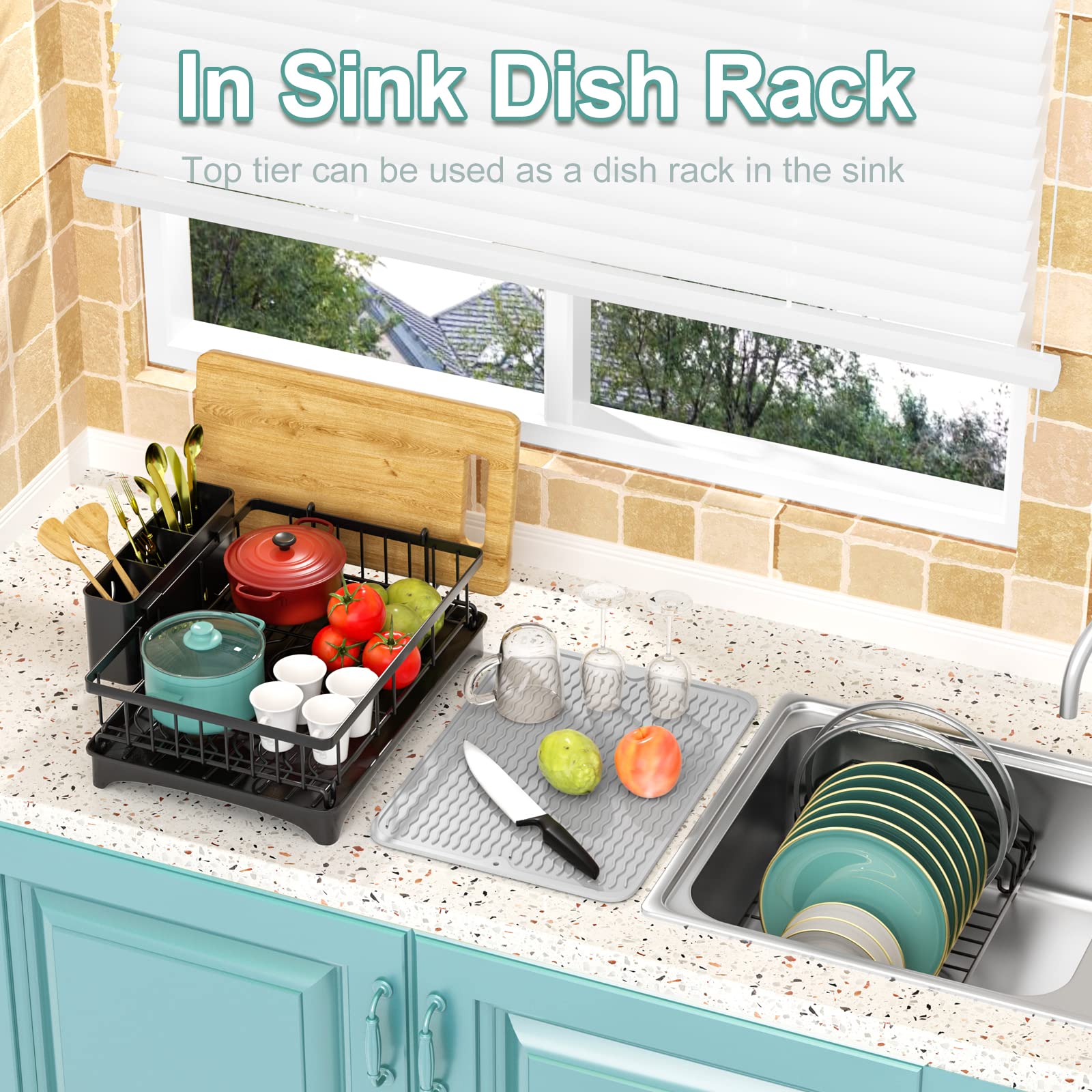 Vasysvi Dish Drying Rack with Drainboard for Kitchen Counter,2 Tier Dish Drainer Set with Utensils Holder,Large Capacity Stainless Steel Dish Racks Bonus with Drying Mat