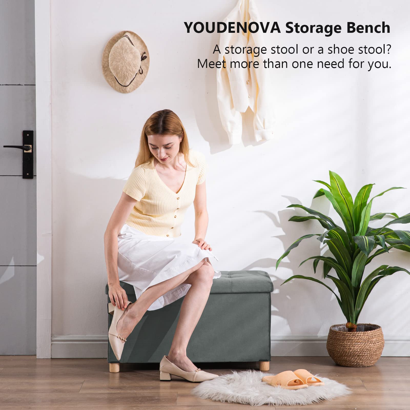 YOUDENOVA 30 Inches Folding Storage Ottoman Bench, Velvet Storage Chest, Footrest Couch with Wooden Legs, Support 350lbs for Bedroom, Living Room, Hallway, Grey
