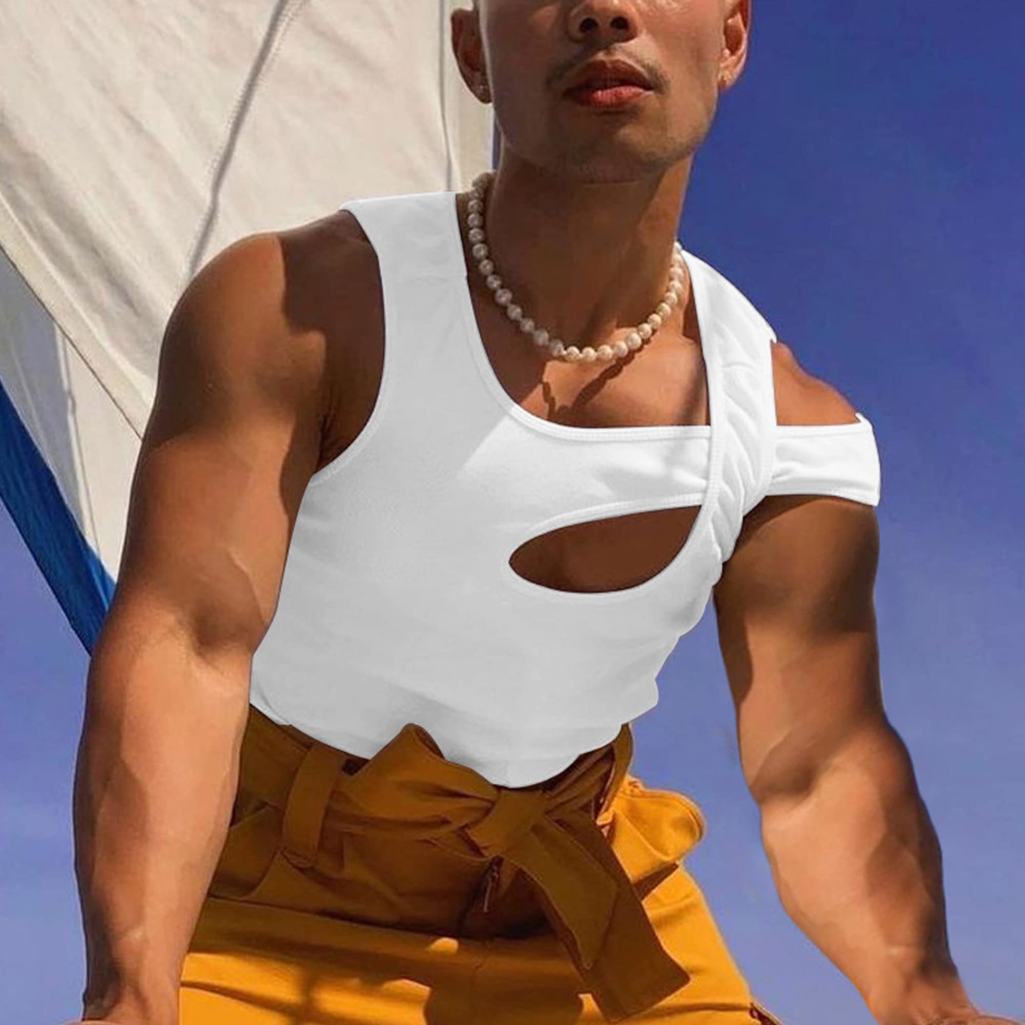 Men's Hot Sexy Crewneck Tank Top Gay Male Solid Sleeveless Muscle Shirts White M