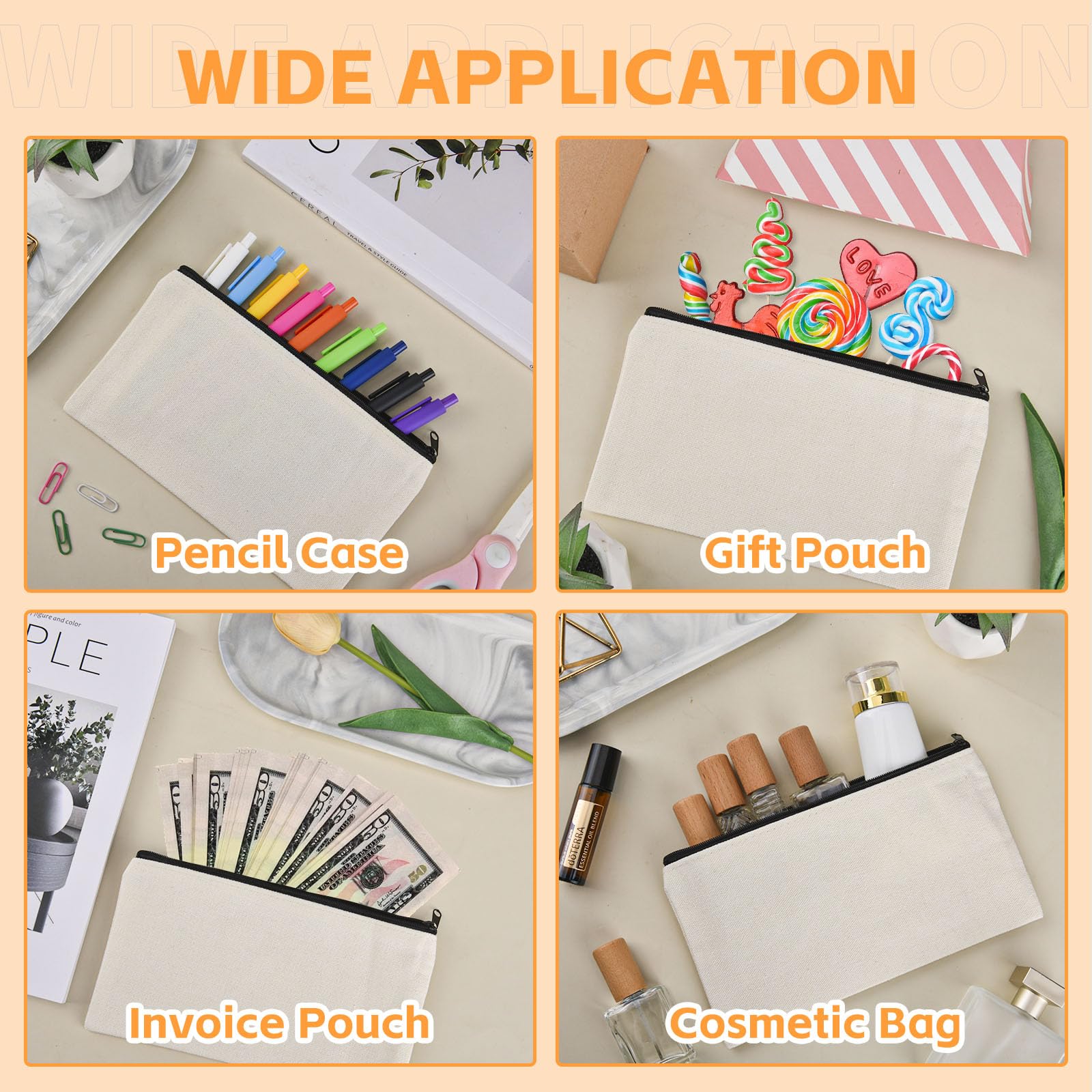 14Pieces 8 x 5 Inch Blank Craft DIY Canvas Pen Pencil Case- Cotton Canvas Invoice Bill Bag Makeup Bag Cosmetic Bag Multipurpose Travel Toiletry Pouch with Black Zipperā¦