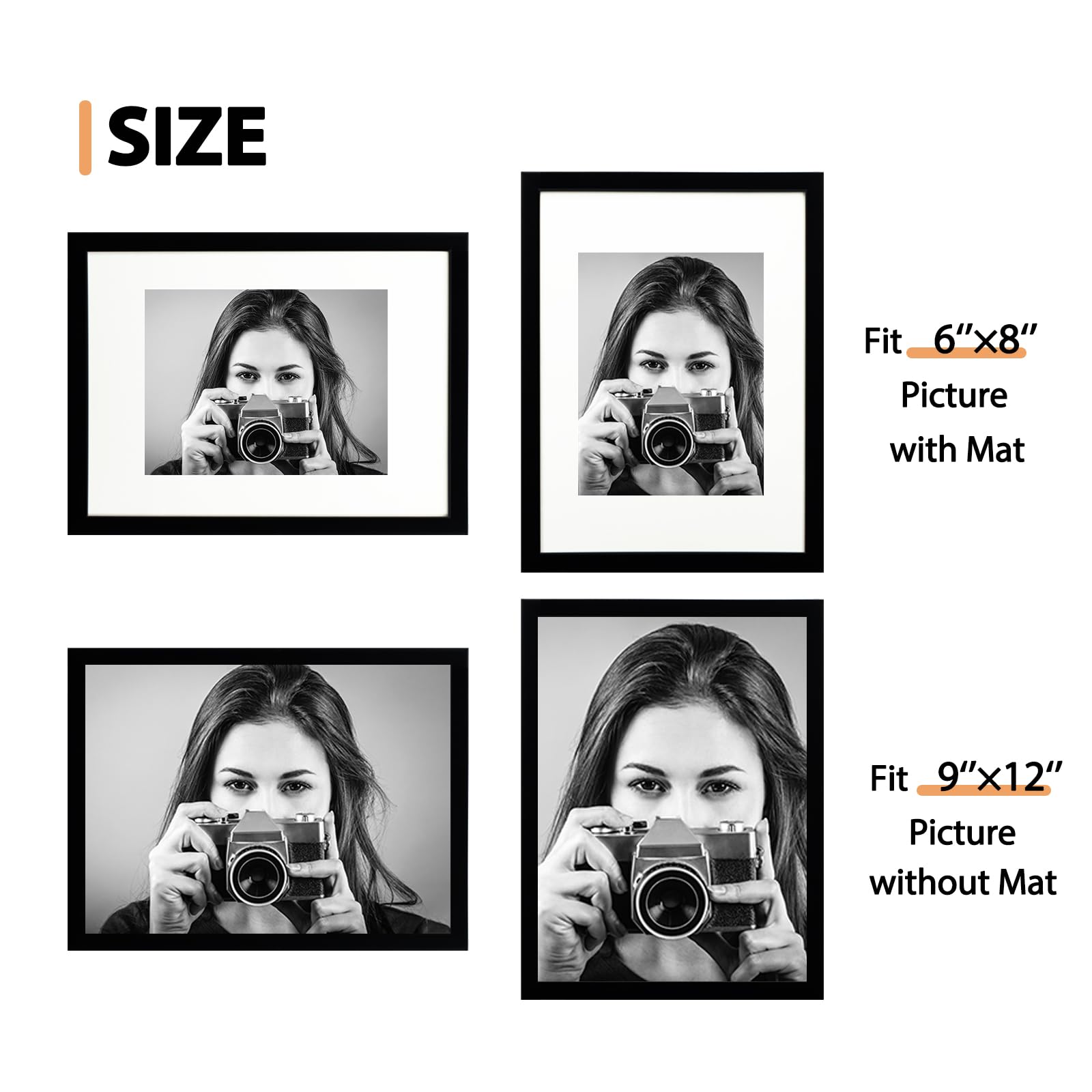 Fixwal 9 x 12 Black Picture Frame Set of 4, Display 6 x 8 Picture with Mat or 9 x 12 with Out Mat for Wall Hanging Display