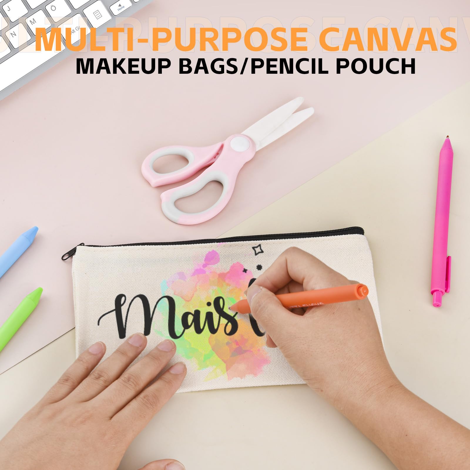 14Pieces 8 x 5 Inch Blank Craft DIY Canvas Pen Pencil Case- Cotton Canvas Invoice Bill Bag Makeup Bag Cosmetic Bag Multipurpose Travel Toiletry Pouch with Black Zipperā¦