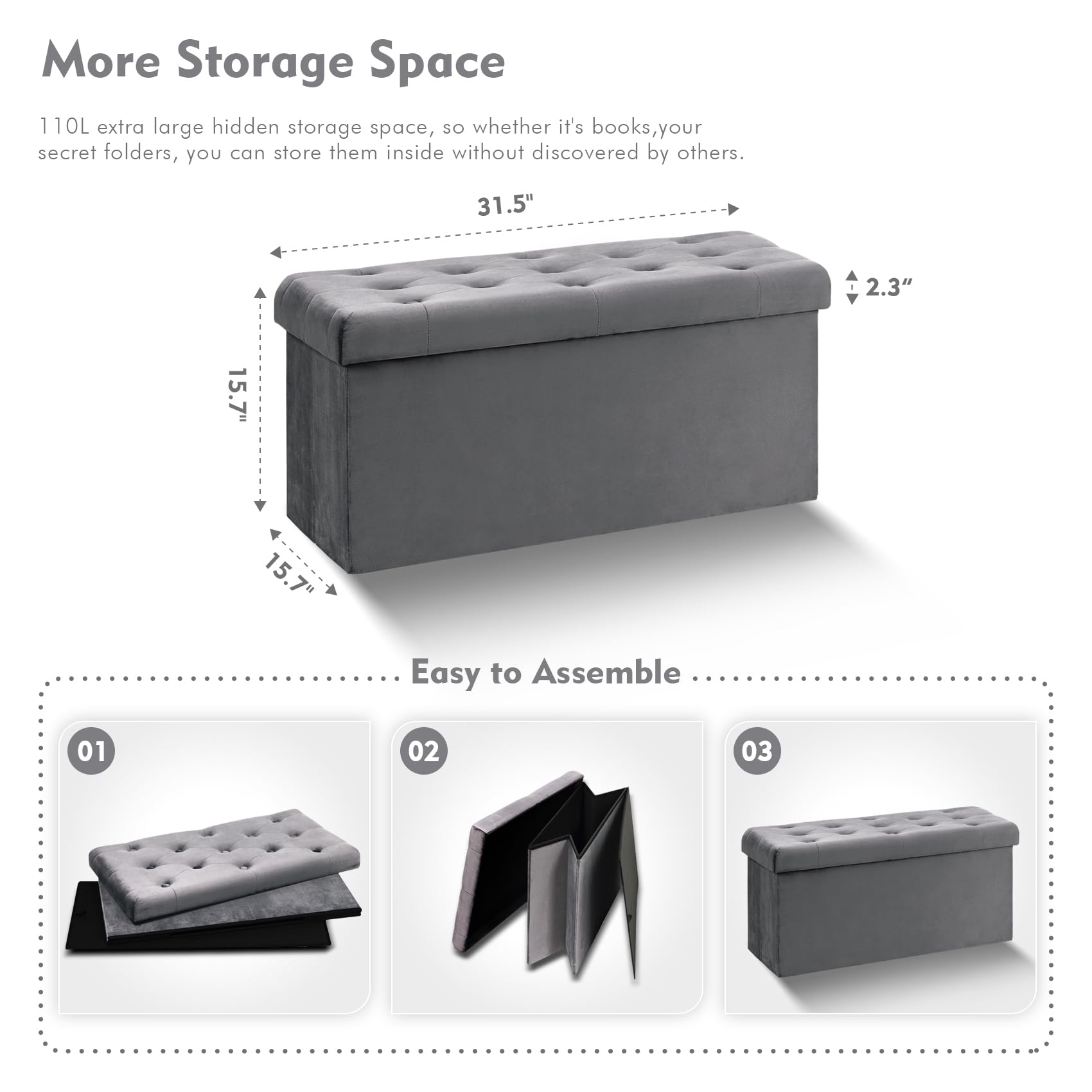 B FSOBEIIALEO Folding Storage Ottoman, Long Ottomans Shoes Bench, Velvet Storaeg Chest Footrest Seat 31.5"x15.7"x15.7" (Grey, Large)