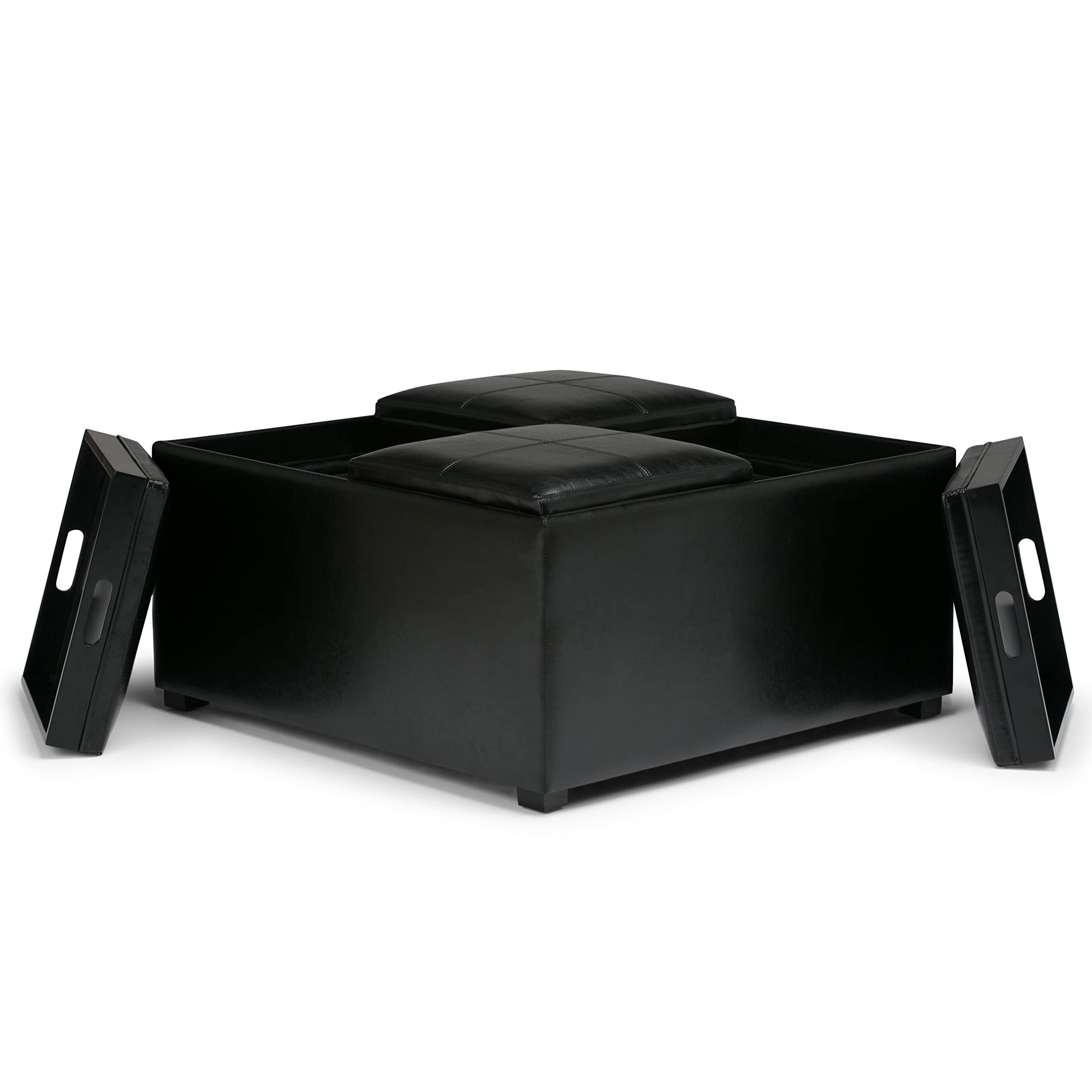 SIMPLIHOME Avalon Wide Contemporary Square Coffee Table Storage Ottoman Vegan Faux Leather, Assembled, for The Living Room and Bedroom, 35 inch, Midnight Black
