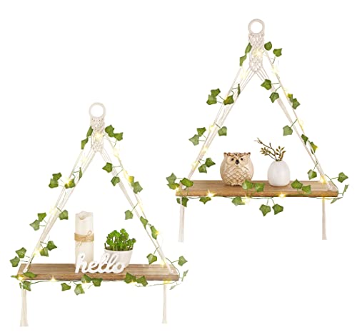 Mkono Artificial Ivy Macrame Hanging Shelves with Lights Set of 2 Boho Wall Decor Display Plants Photos Wood Floating Storage Shelf for Bedroom Bathroom Living Room Nursery Dorm Kitchen